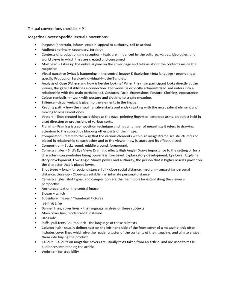 Textual Conventions Checklist - Magazine Covers | PDF