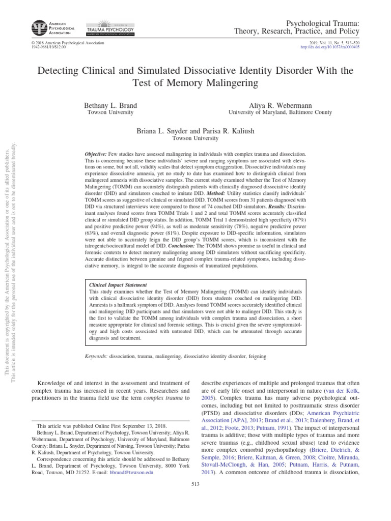 Detecting Clinical And Simulated Dissociative Identity Disorder With The Pdf