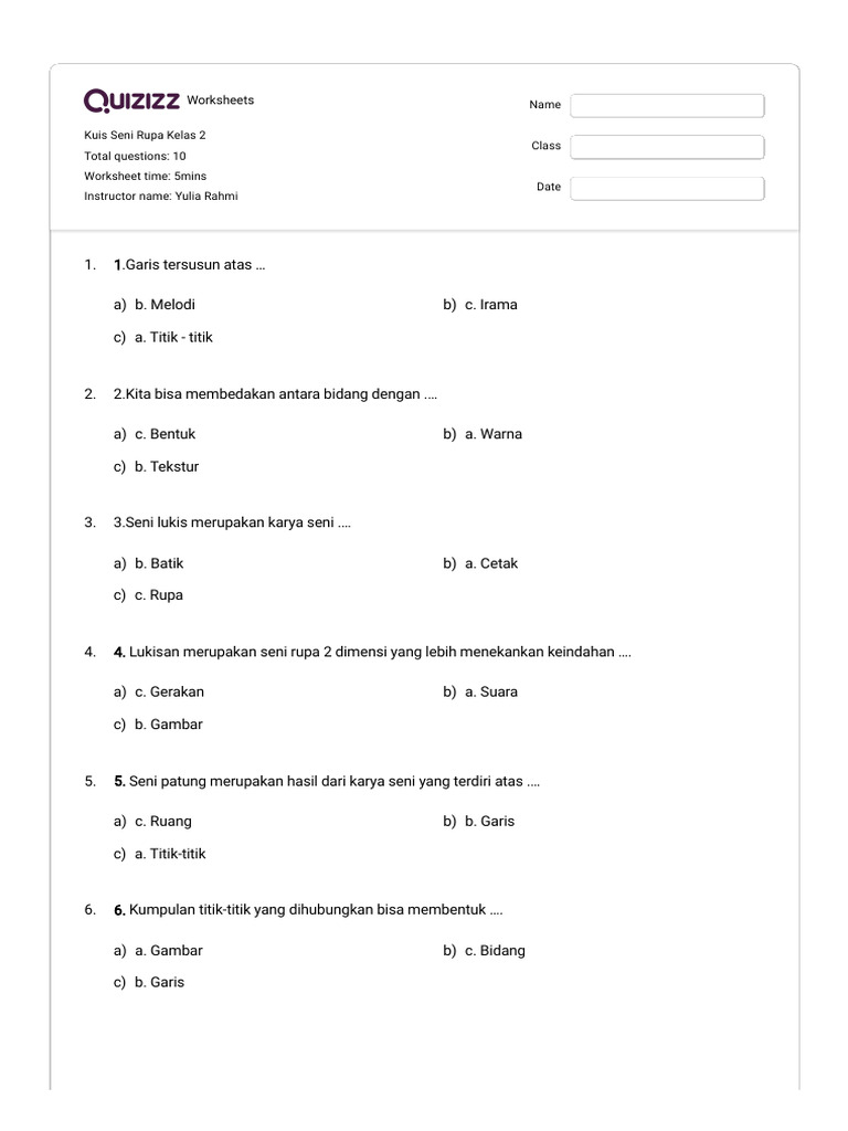Kuis Seni Rupa Kelas 2 Quizizz Pdf