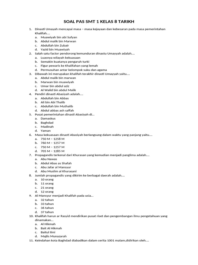 Soal Pas SMT 1 Kelas 8 Tarikh | PDF