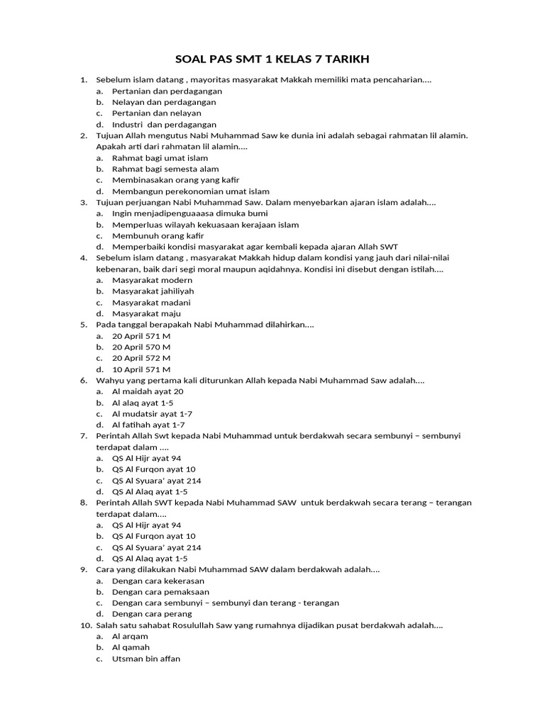 Soal Pas SMT 1 Kelas 7 Tarikh | PDF