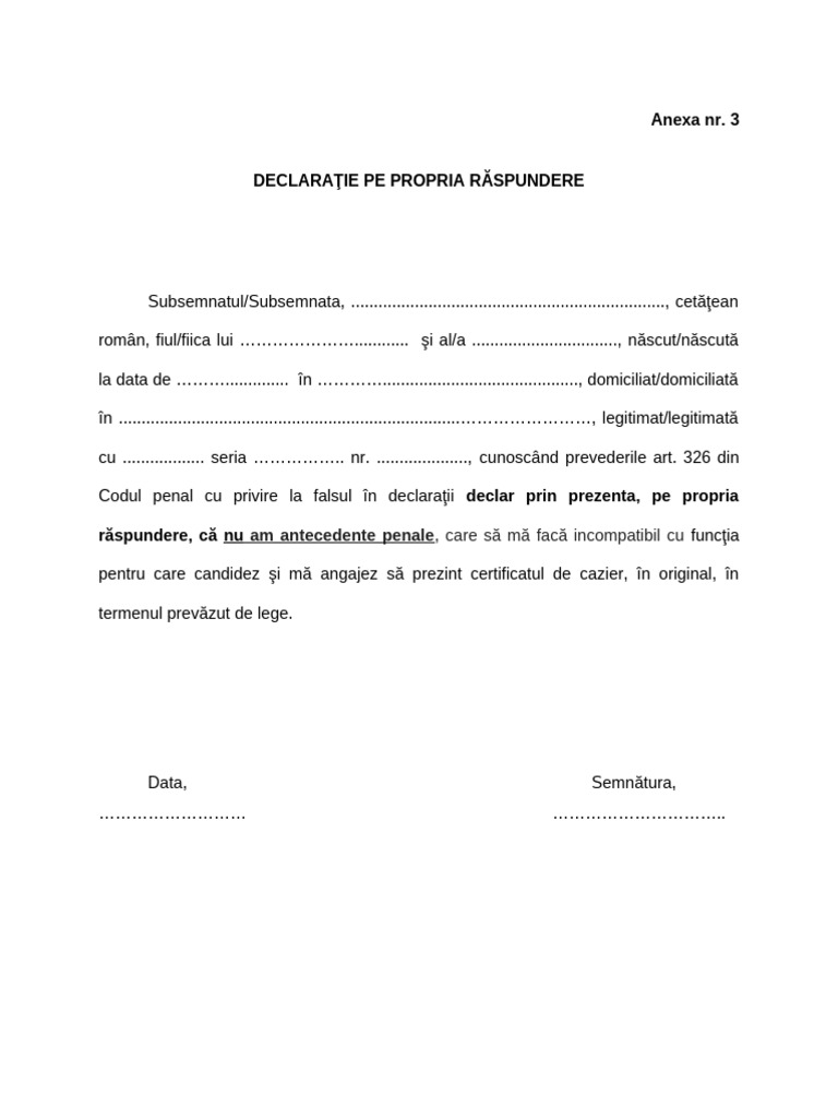 Anexa Nr. 3 Model Declaratie Pe Propria Raspundere | PDF