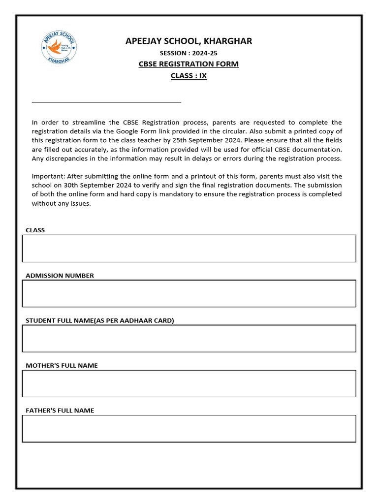 Ix Cbse Registration Form | PDF