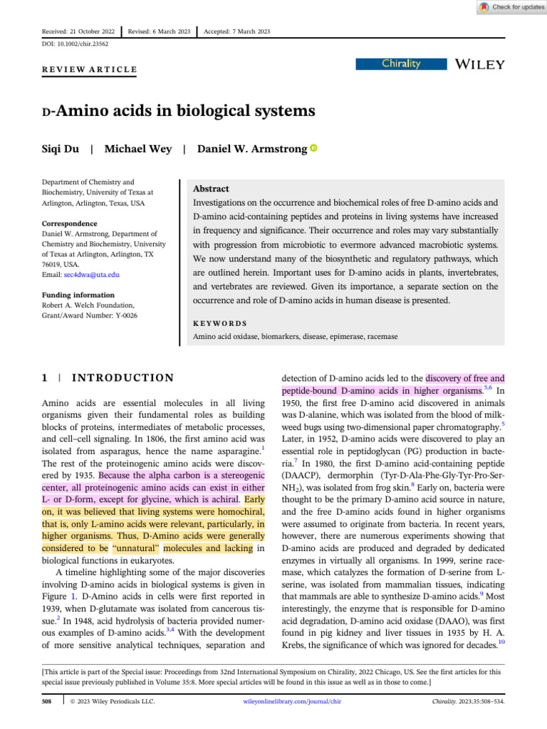 Chirality - 2023 - Du - D Amino Acids in Biological Systems | PDF ...