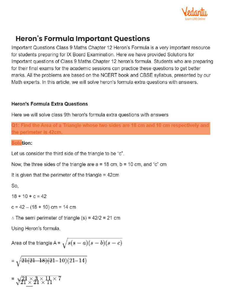 Heron's Formula Important Questions | PDF