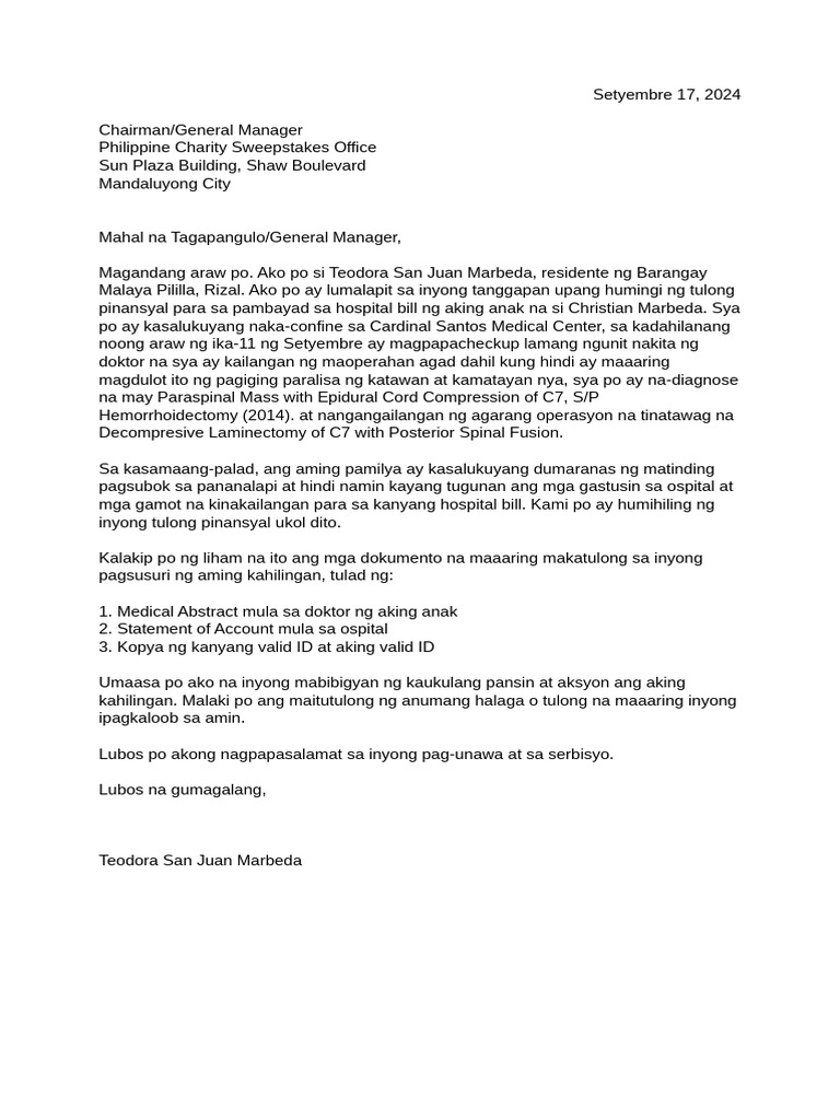 PCSO Financial Assistance Letter | PDF