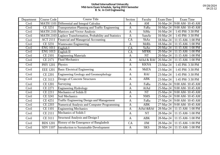 MID TERM Exam Routine Spring 2024 BSCE | PDF