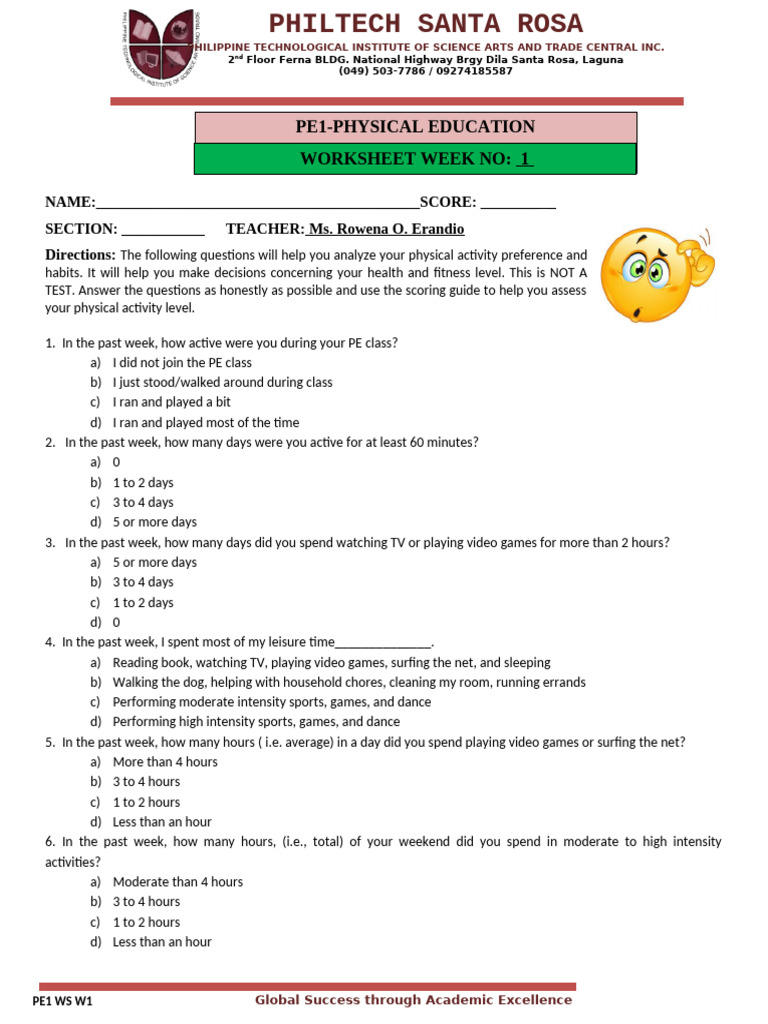 Pe1 Worksheet - W1 | PDF