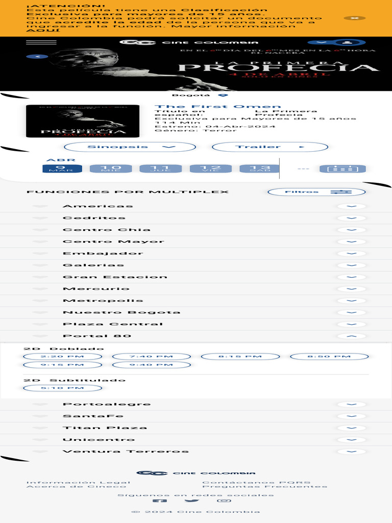 Cine Colombia - Bogotá - Películas - The First Omen | PDF