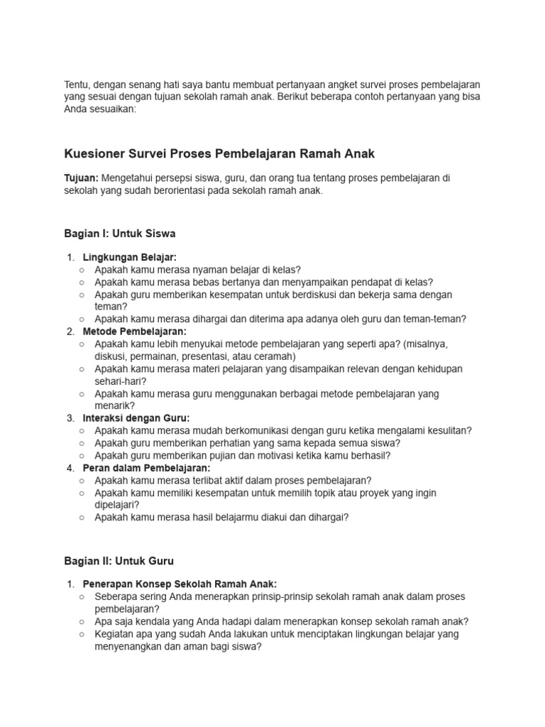 Buatkan Pertanyaan Angket Survei Proses Pembelaja... | PDF