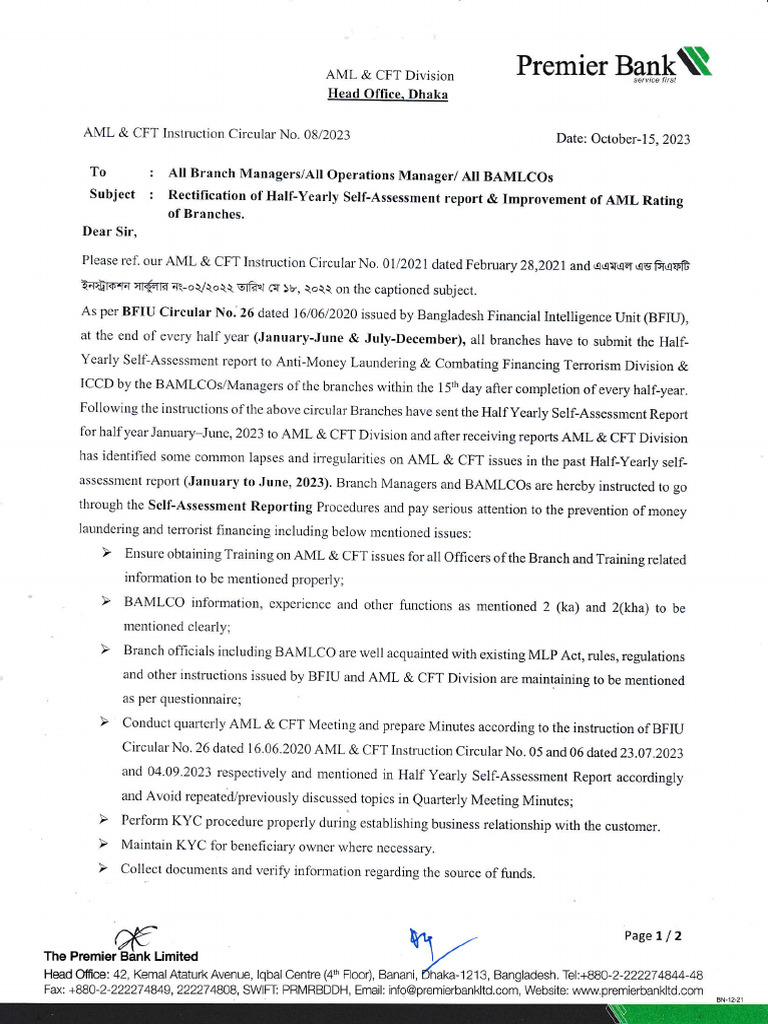 AML & CFT Instruction Circular No. 08-2023 Regarding Rectification of ...