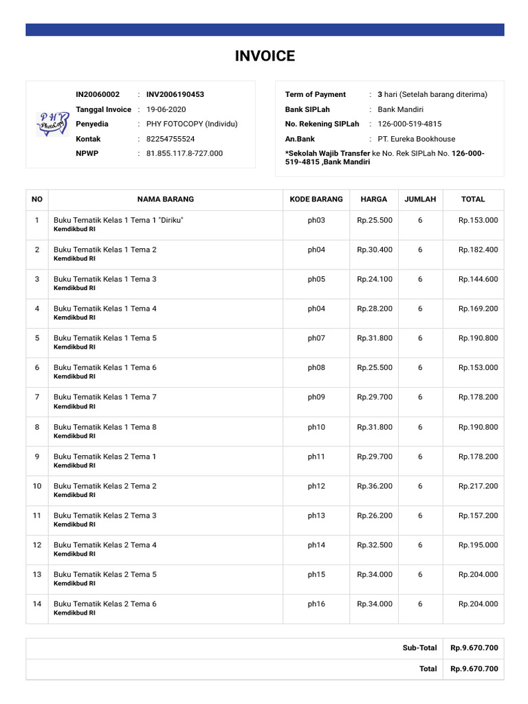 Invoice SDN001 Siduung Indah | PDF