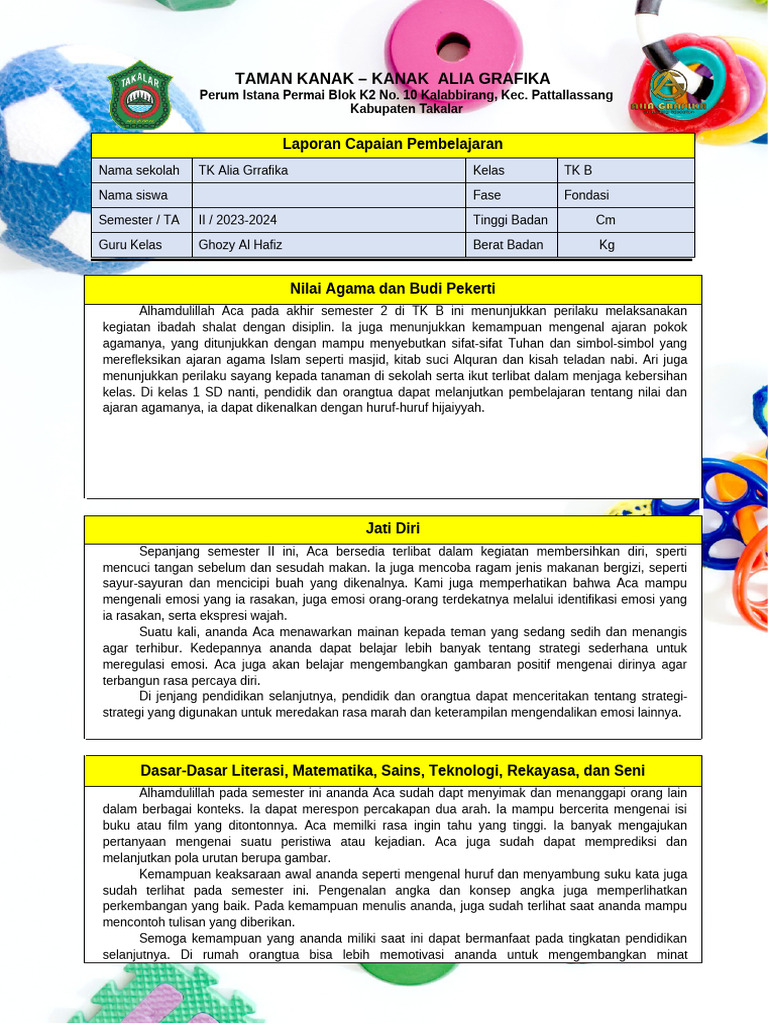 Semester2-Contoh Rapor PAUD Kurikulum Merdeka | PDF