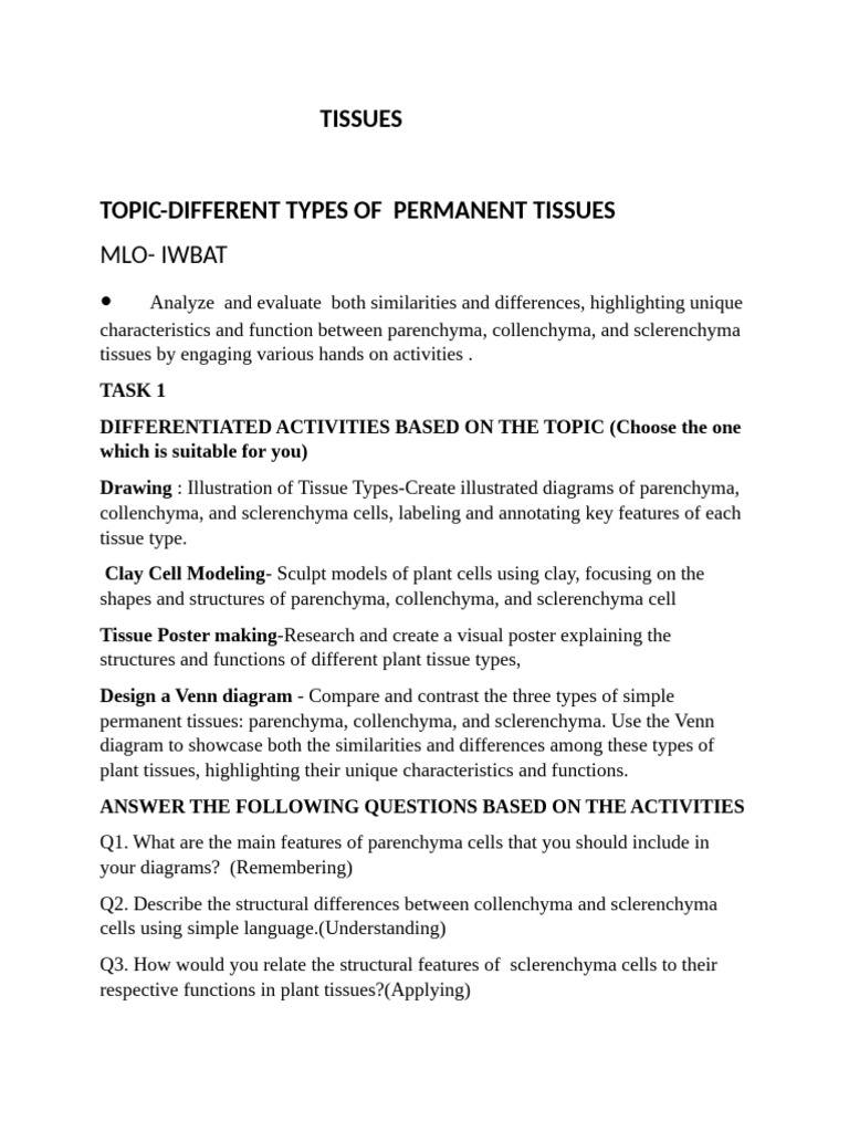 TISSUES - Notes - Plant Tissues - Grade 9 | PDF