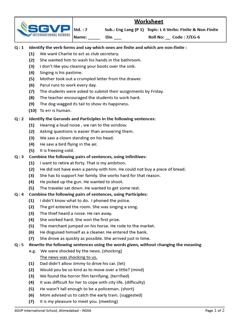 7 - Eng 1 - WS - CH 6 Verbs - Finite and Non-Finite | PDF