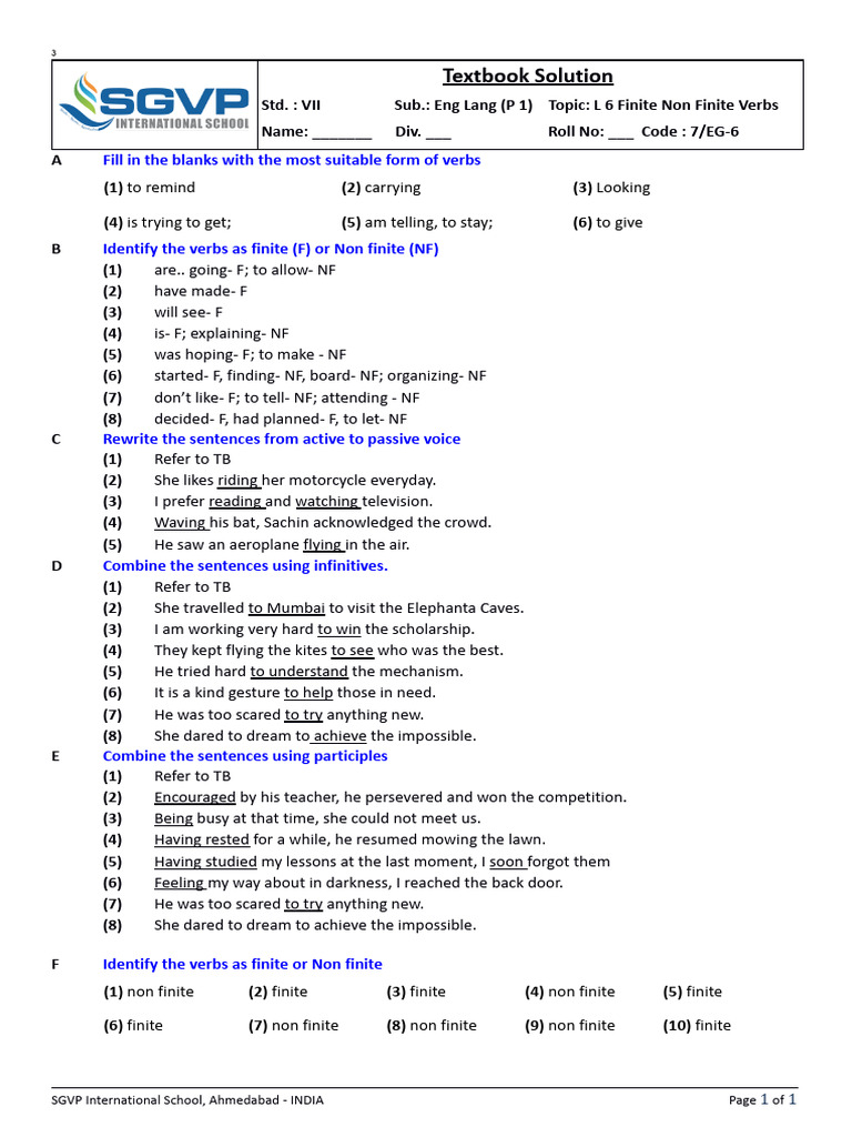7 - Eng 1 - TB Sol - CH 6 Verbs Finite and Non Finite Verb | PDF