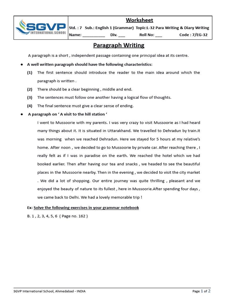 7 - Eng 1 - L-32 Paragraph Writing and Diary Writing | PDF