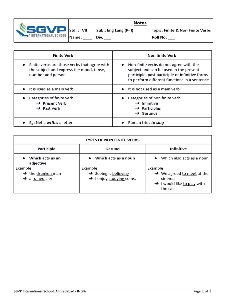 7 - Eng Lang - Notes - CH 6 Finite and Non Finite Verbs | PDF