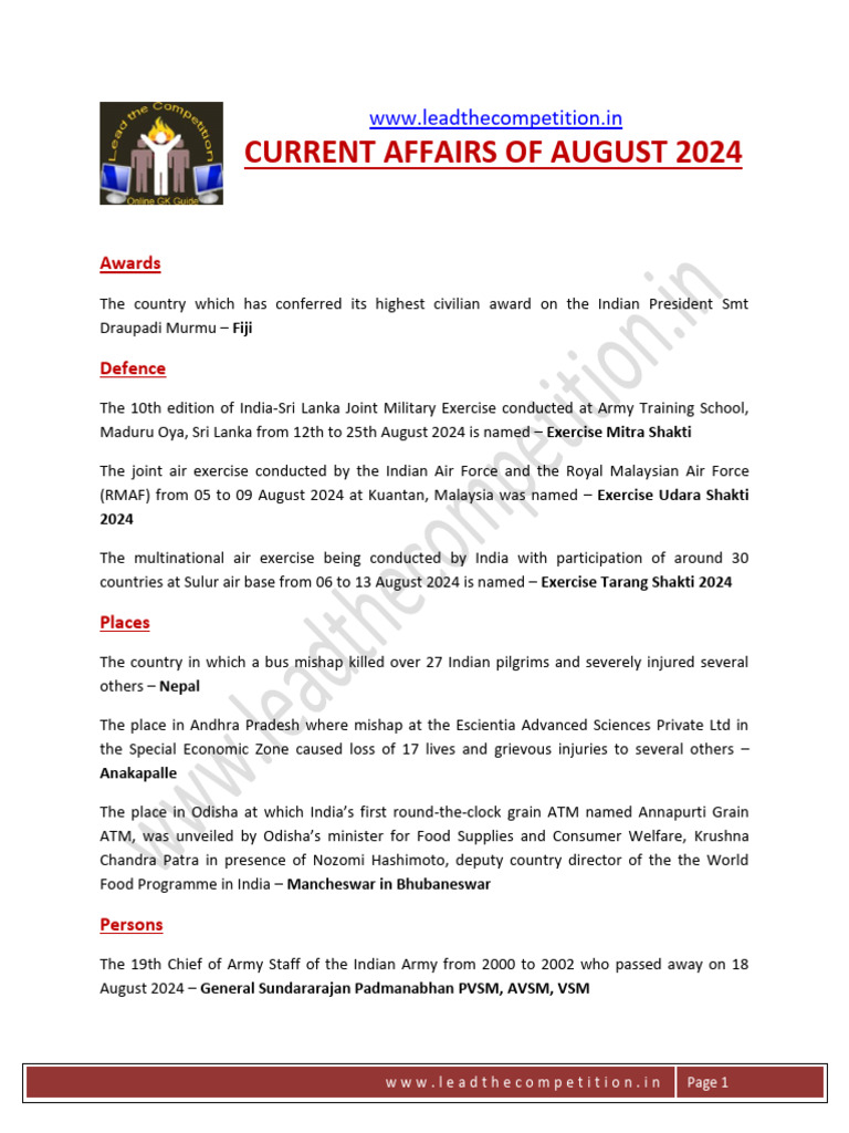 Current Affairs of August 24 | PDF