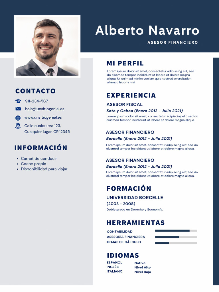 Currículum Vitae Asesor Financiero Profesional Corporativo Azul y Gris | PDF