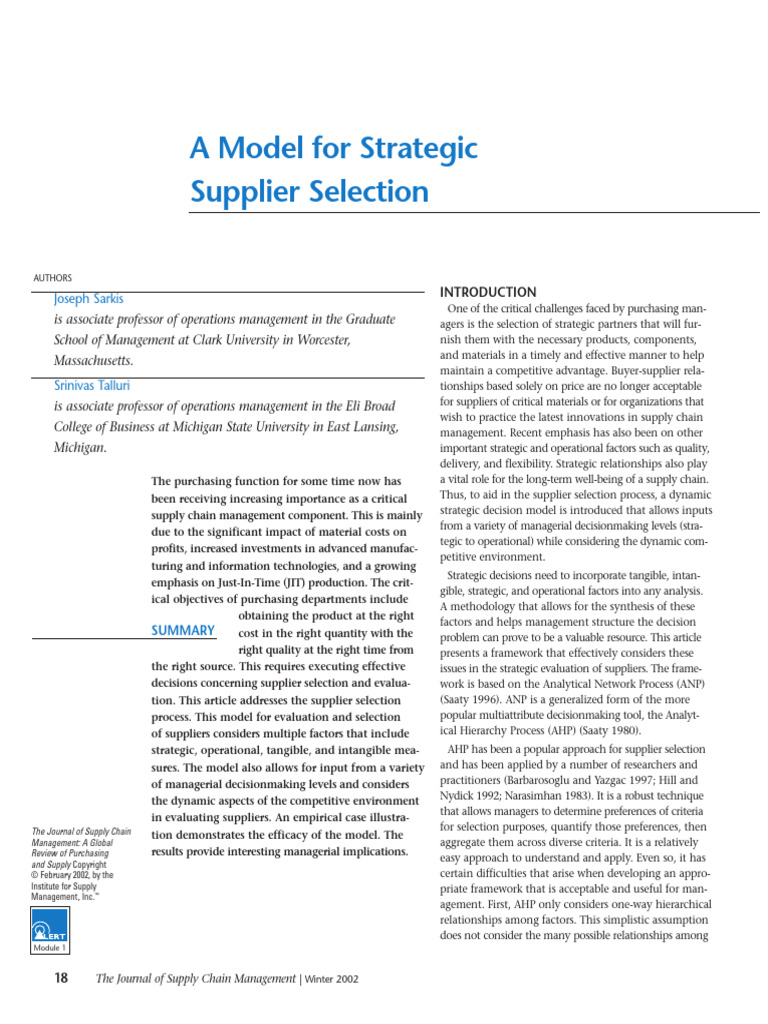 J Supply Chain Manag - 2006 - Sarkis - A Model For Strategic Supplier ...