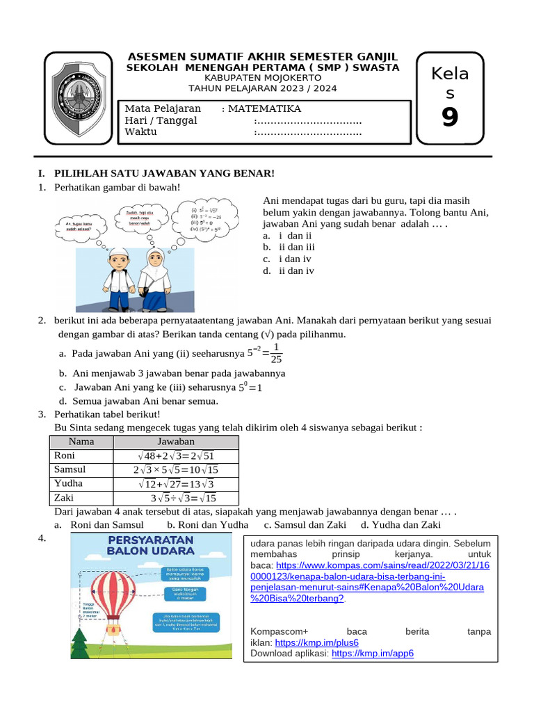 Soal Matematika 9 | PDF