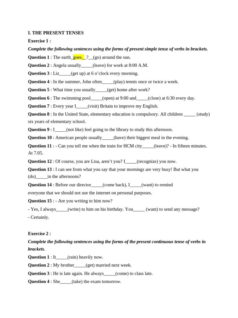 Practice Exercise Present Tenses | PDF