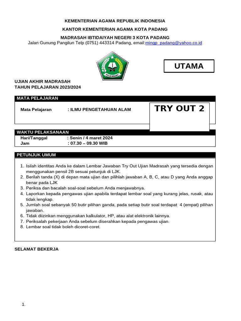 Soal Try Out 2 Ipa 2024-Asmidar | PDF