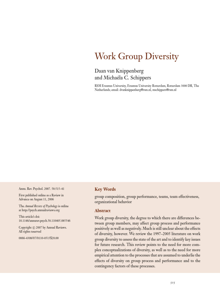 Van Knippenberg & Schippers (2007) - Work Group Diversity. | PDF