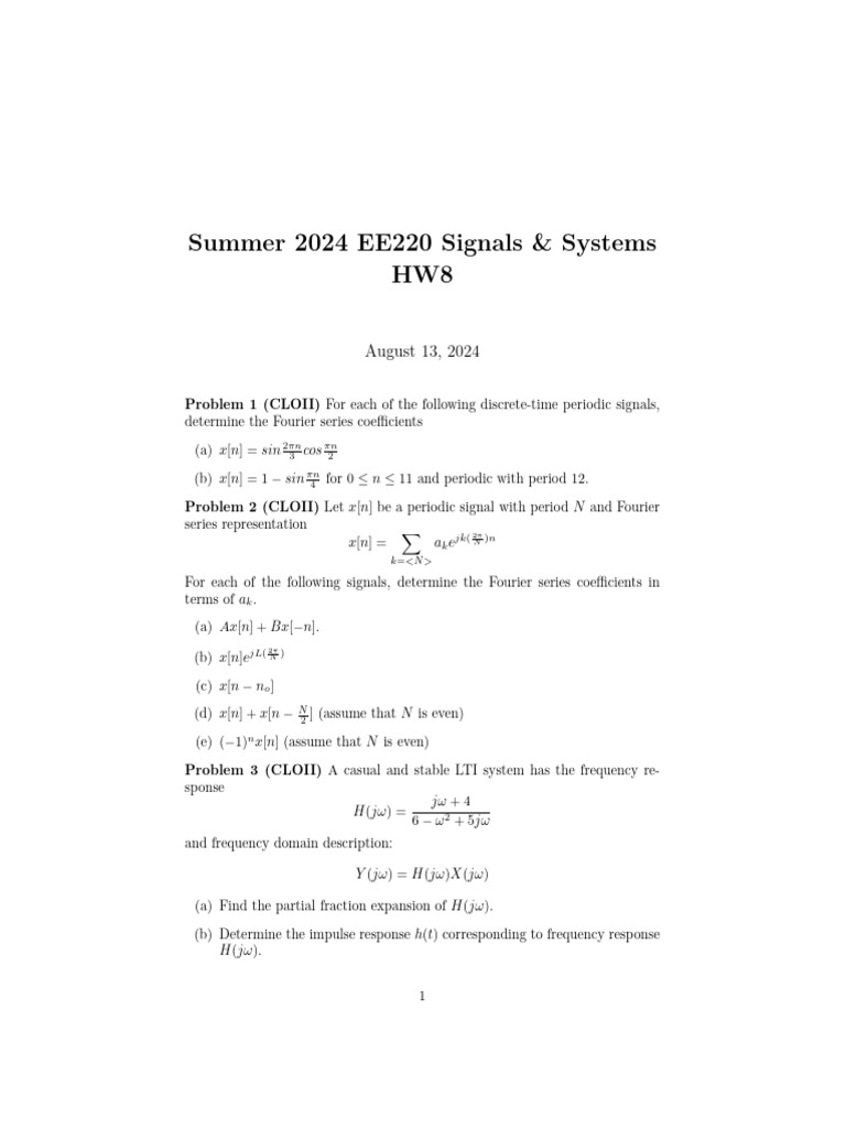 BME Summer 2024 EE220 SNS HW8 | PDF