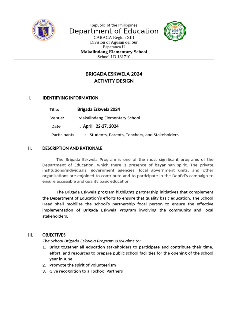 Brigada Eskwela Activity Design | PDF