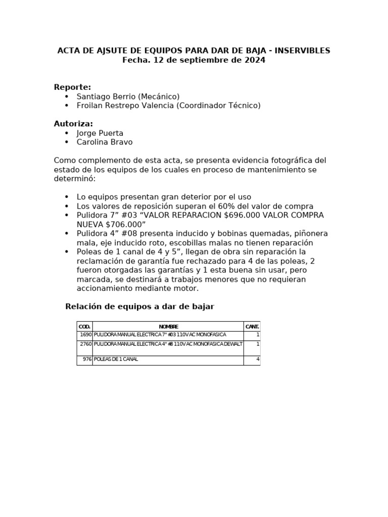 Acta de Ajuste de Equipos para Dar de Baja - Formato | PDF