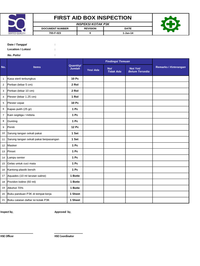First Aid Box Checklist Form | PDF