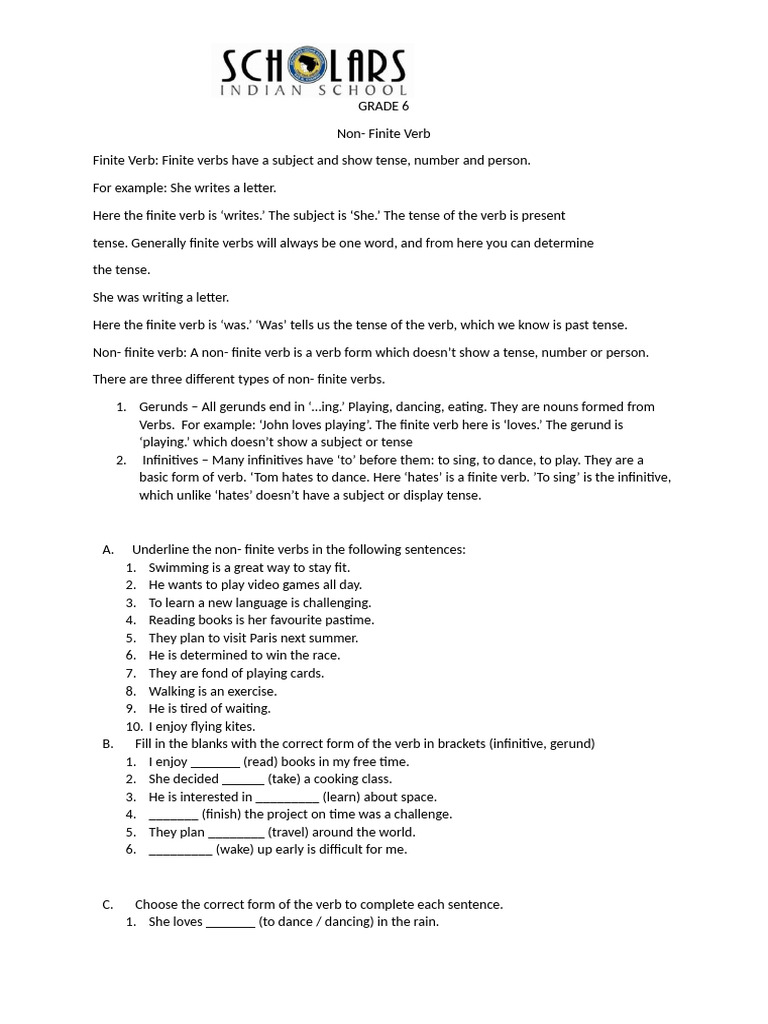 GRADE 6 Worksheet Finite Verb and Non - Finite Verb Latest | PDF