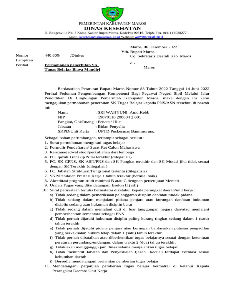 Contoh Surat Permohonan TUBEL MAYA TUGAS BELAJAR | PDF