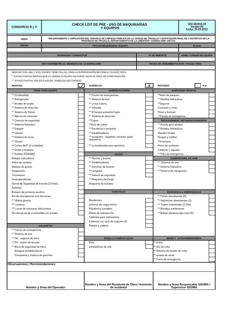 CRV-SSOMA-04 Check List de Pre Uso de Maquinarias y Equipos | PDF