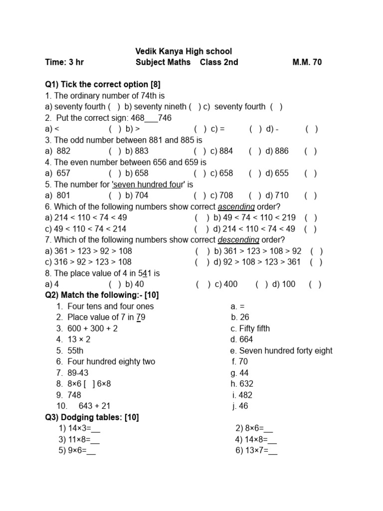 Math Half Yearly Class 2 | PDF