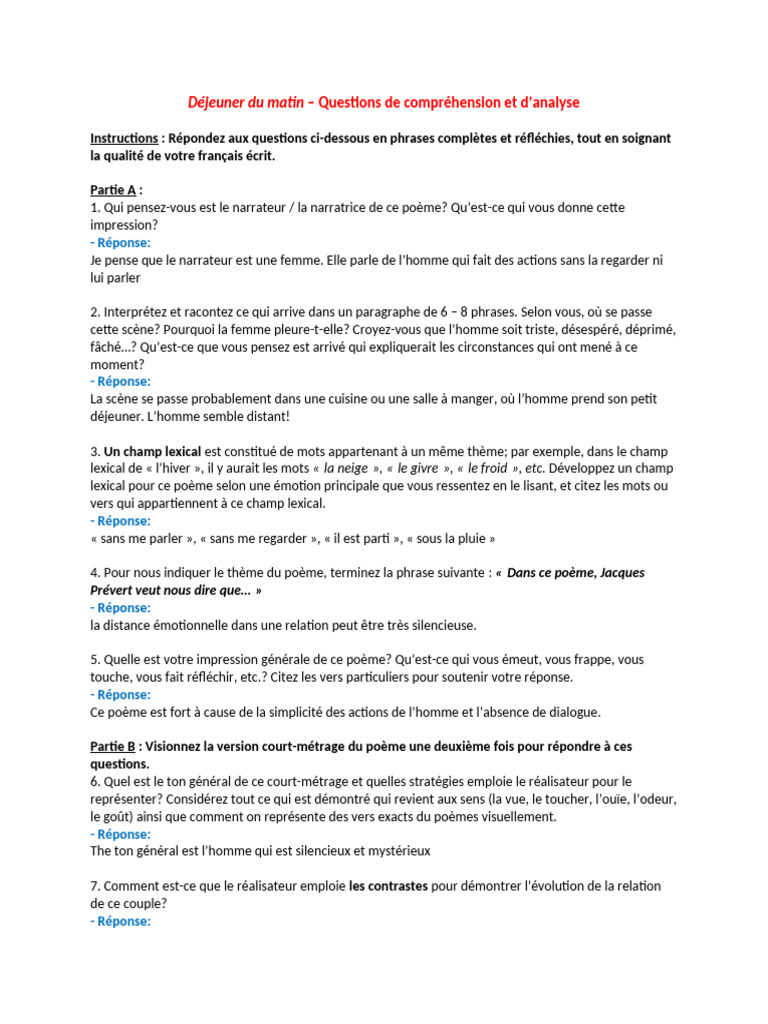 Déjeuner Du Matin - Questions | PDF