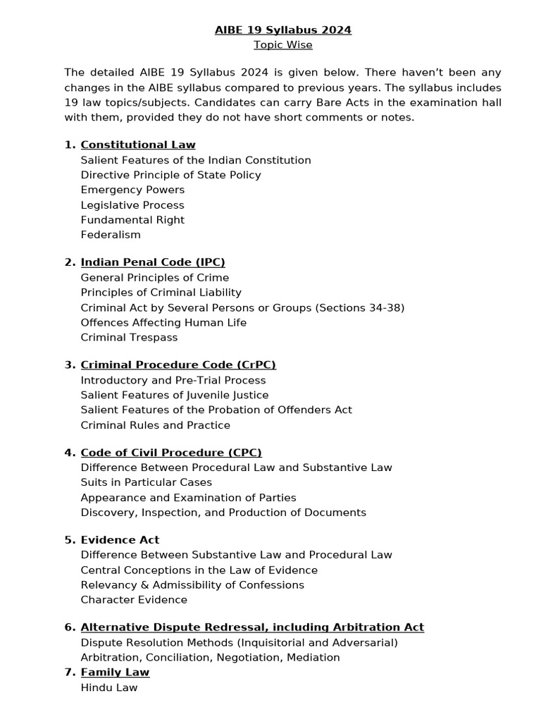 AIBE 19 Syllabus 2024 Topic Wise | PDF