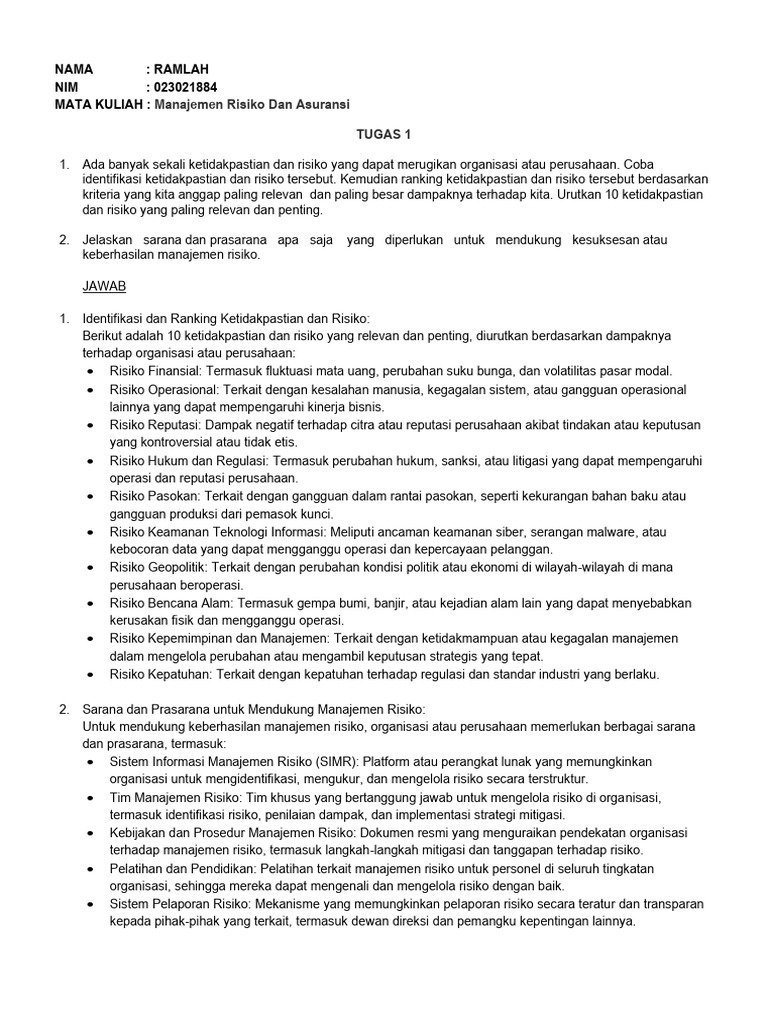 TUGAS 1 023021884 Manajemen Risiko Dan Asuransi | PDF