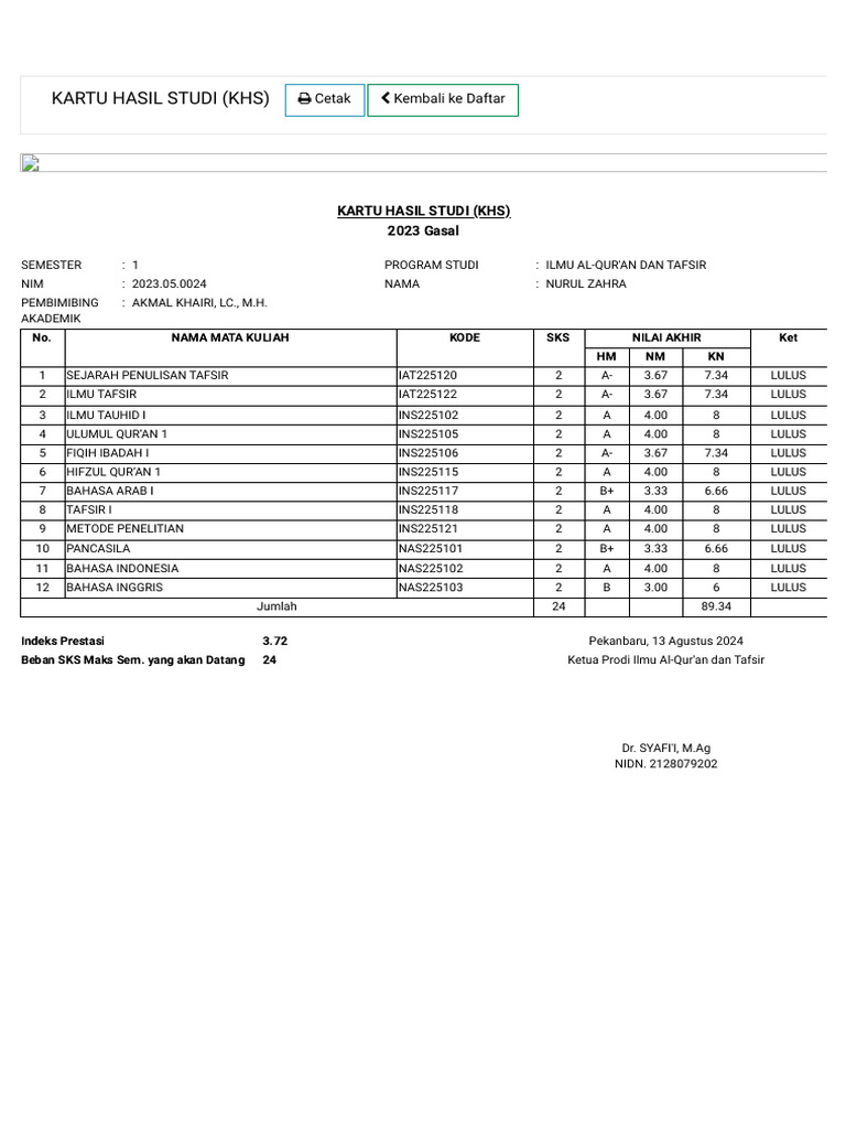 Kartu Hasil Studi (KHS) | PDF