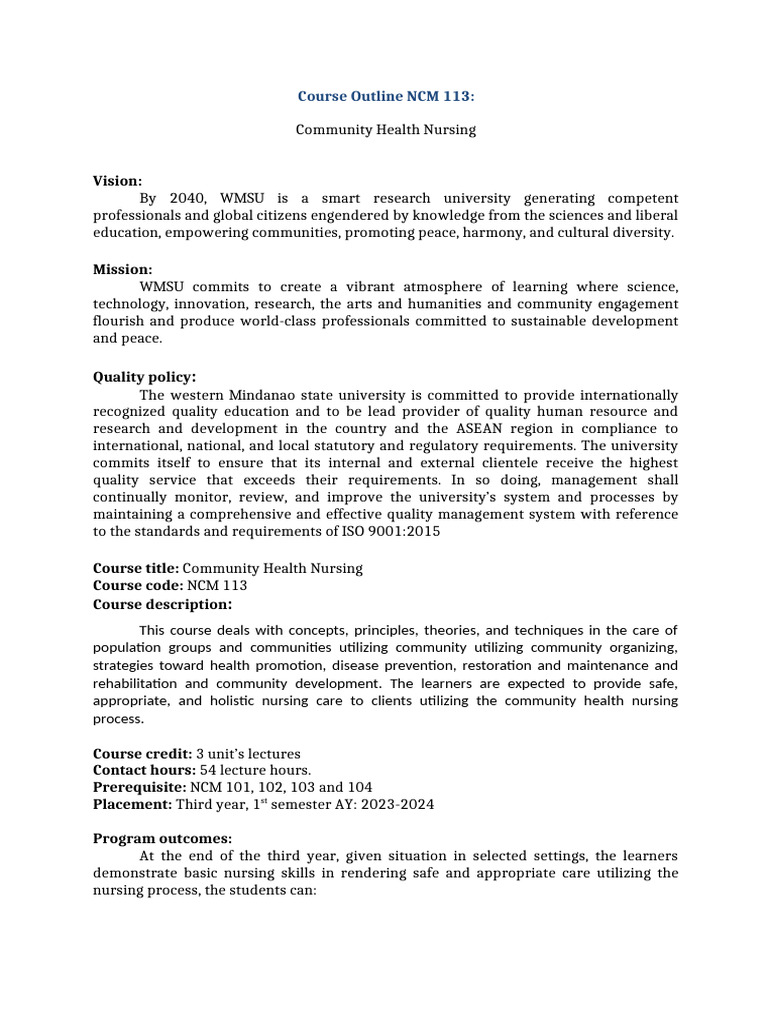 BSN 3 CHN 113 COURSE OUTLINE Final | PDF