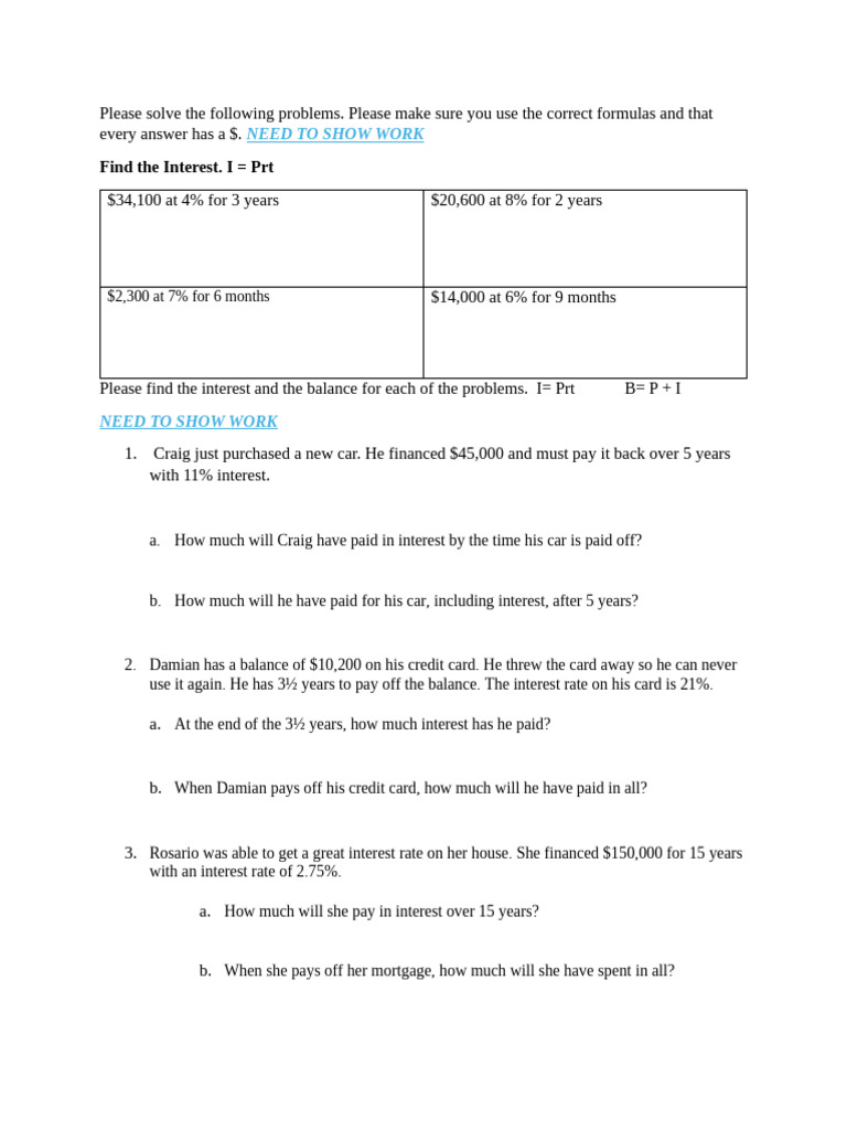 Simple Interest Worksheet | PDF