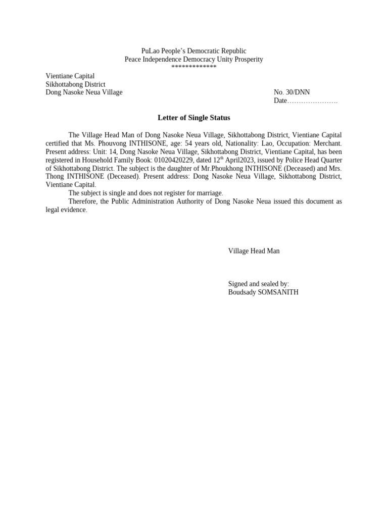 Letter of Single Status | PDF
