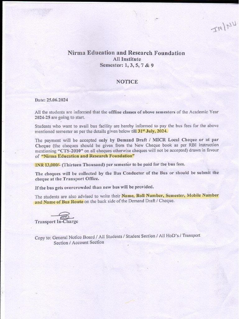 Fee Notice For Bus Transportation | PDF