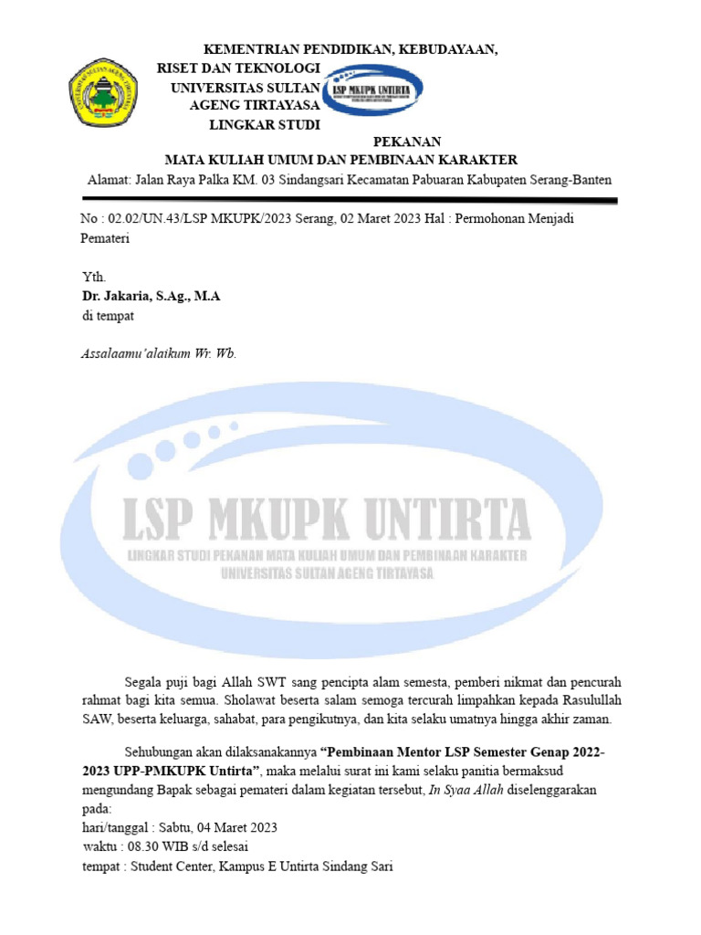 TOR Dan Surat Permohonan Pemateri Pembinaan Mentor - Pak Jakaria | PDF