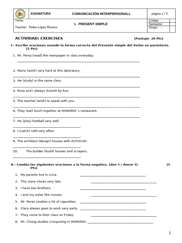 Actividad Presente Simple | PDF