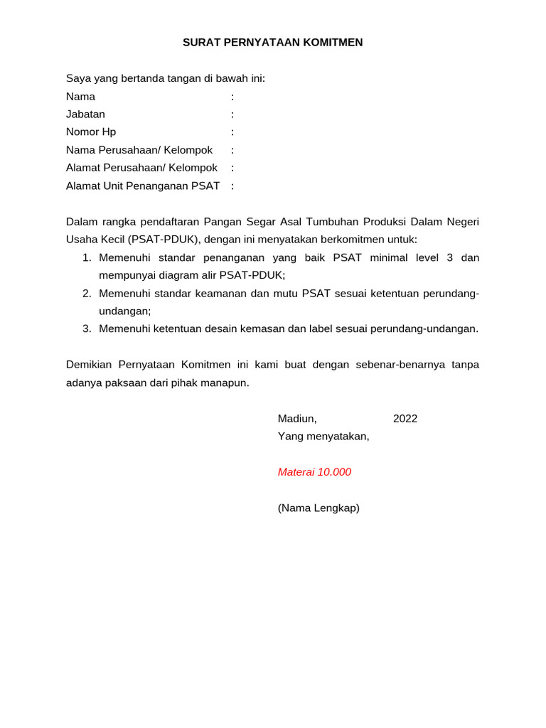 Form 3. Surat Pernyataan Komitmen | PDF