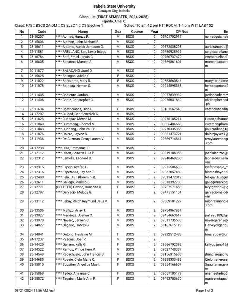 BSCS 2A-DM CS Elective 1 Class List | PDF