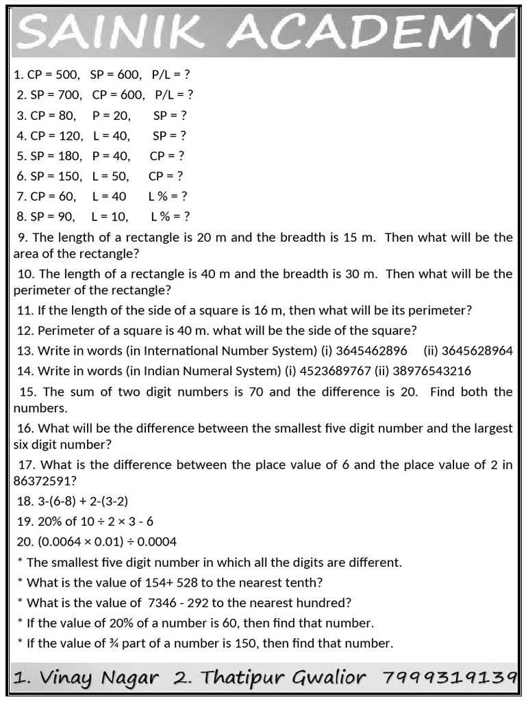 Math Problems for Students | PDF | Length | Area